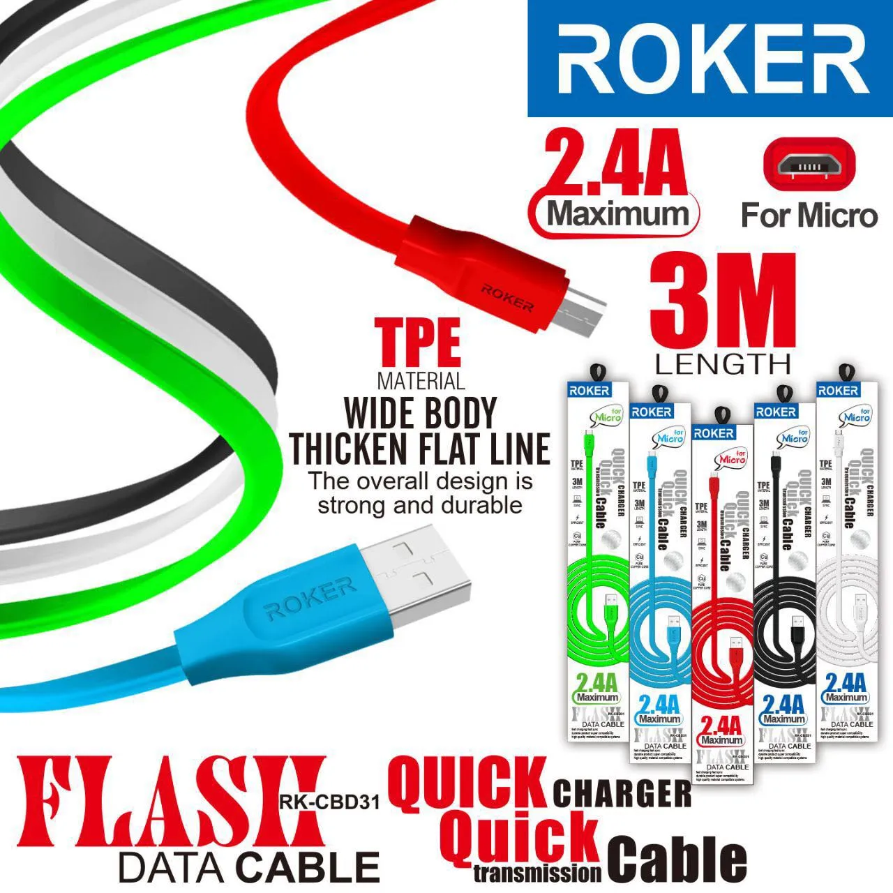 FLASH MICRO 2.4A ~ 3 METER | USB CABLE | Roker